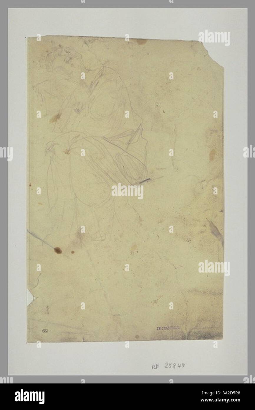 A draped figure seated in profile to the left, focusing on the figure's ...