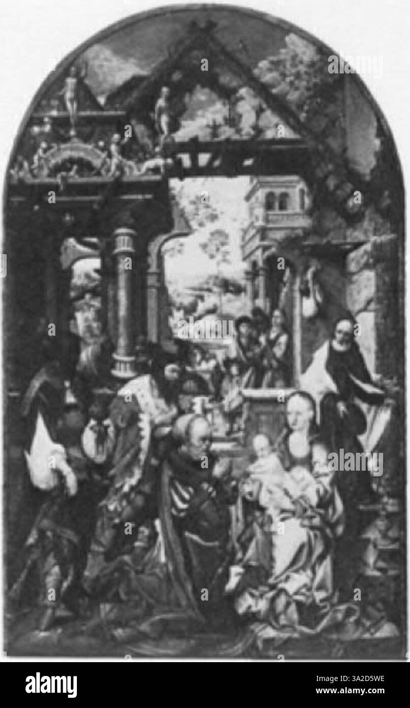 This painting by Joos van Cleve, Jan Provost, and Joachim Patenier features biblical figures ...