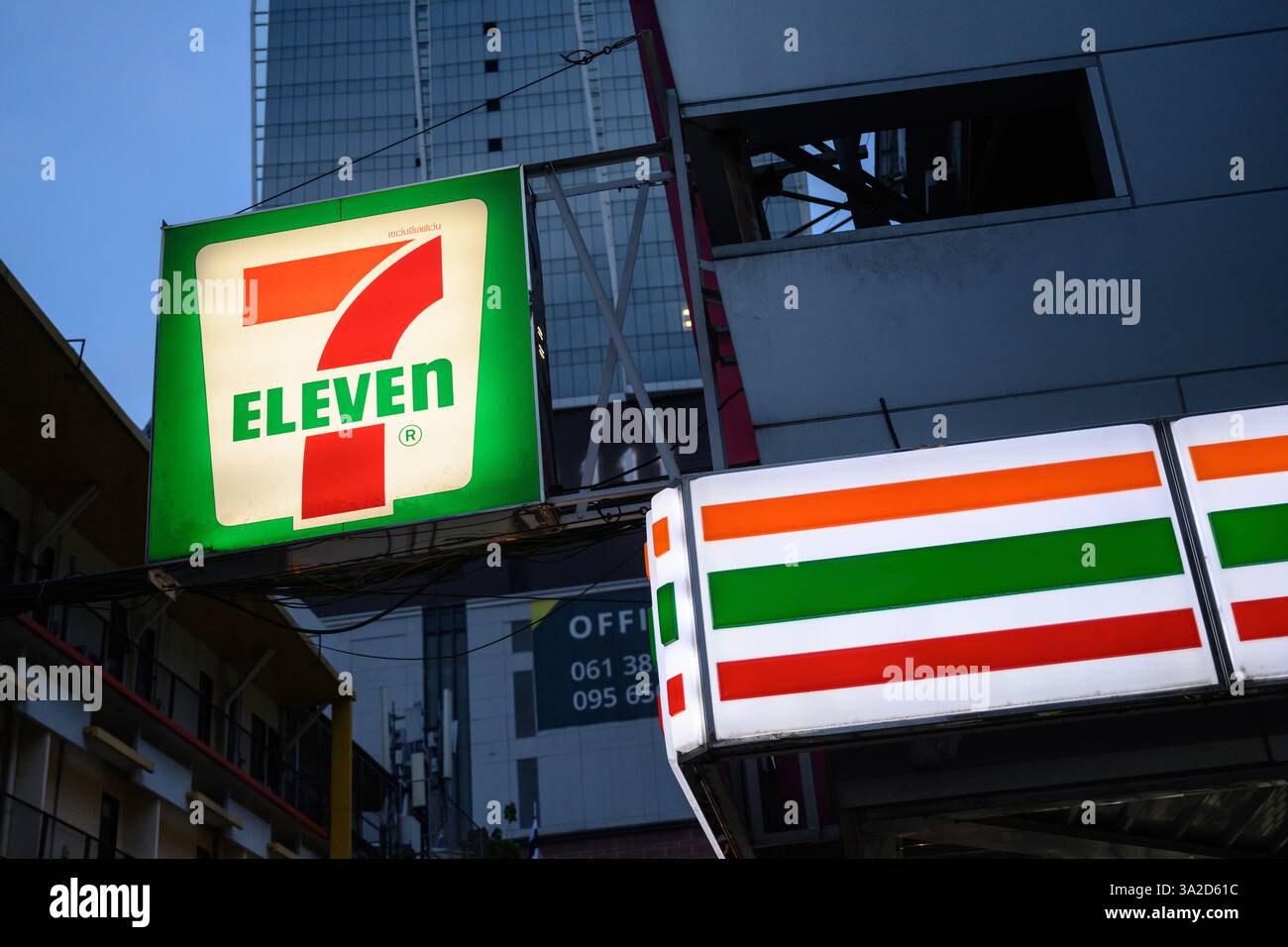 Bangkok, Thailand. 12th Mar, 2025. 7 Eleven shop front sign and logo ...
