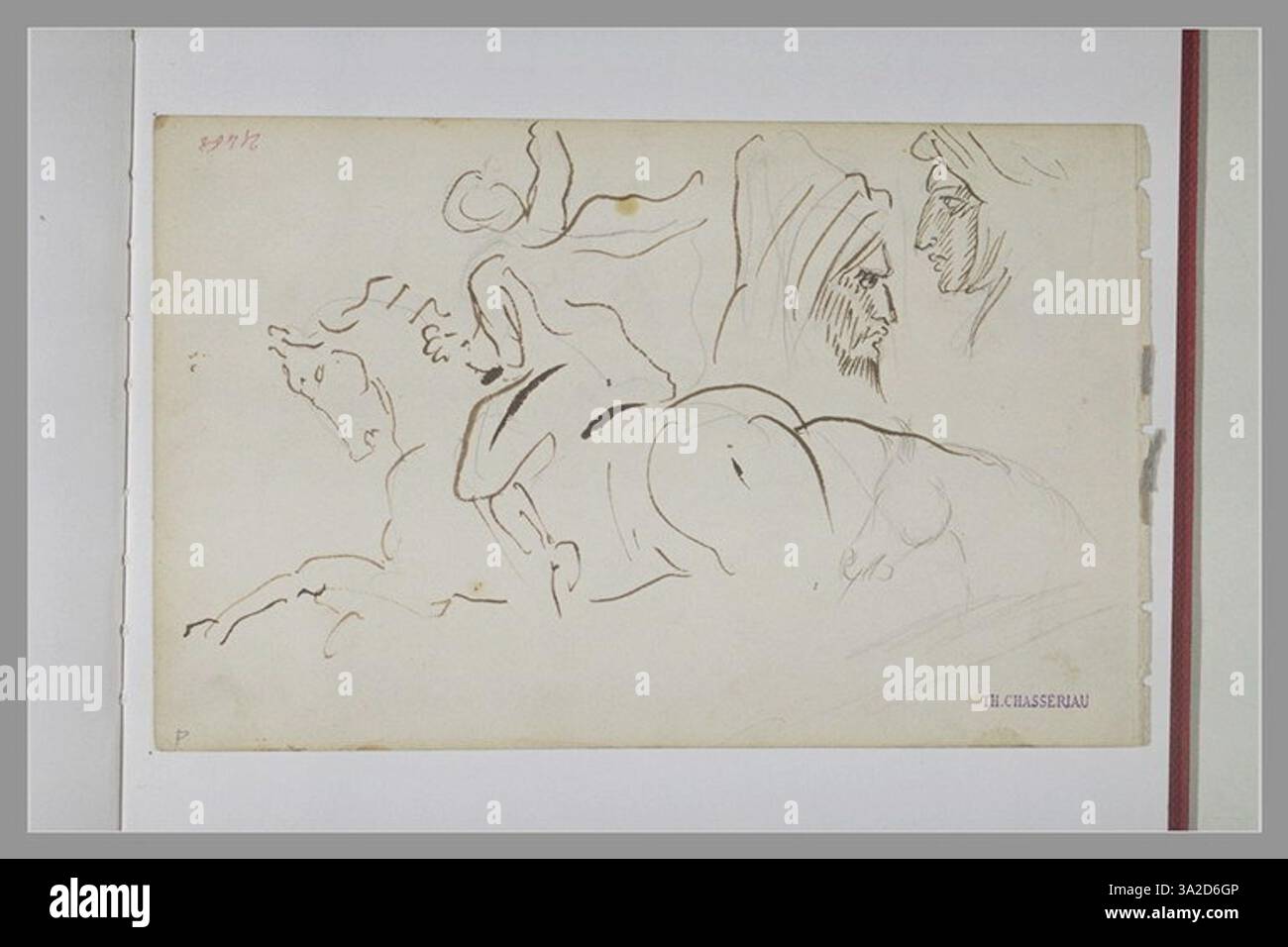 This verso drawing features two Eastern men's heads and a horseman. The ...