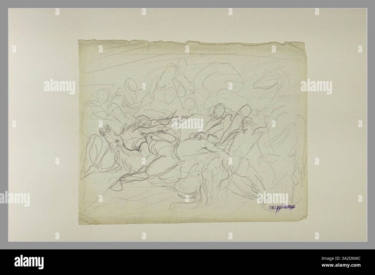 This dynamic drawing by Chassériau illustrates a battle scene between ...