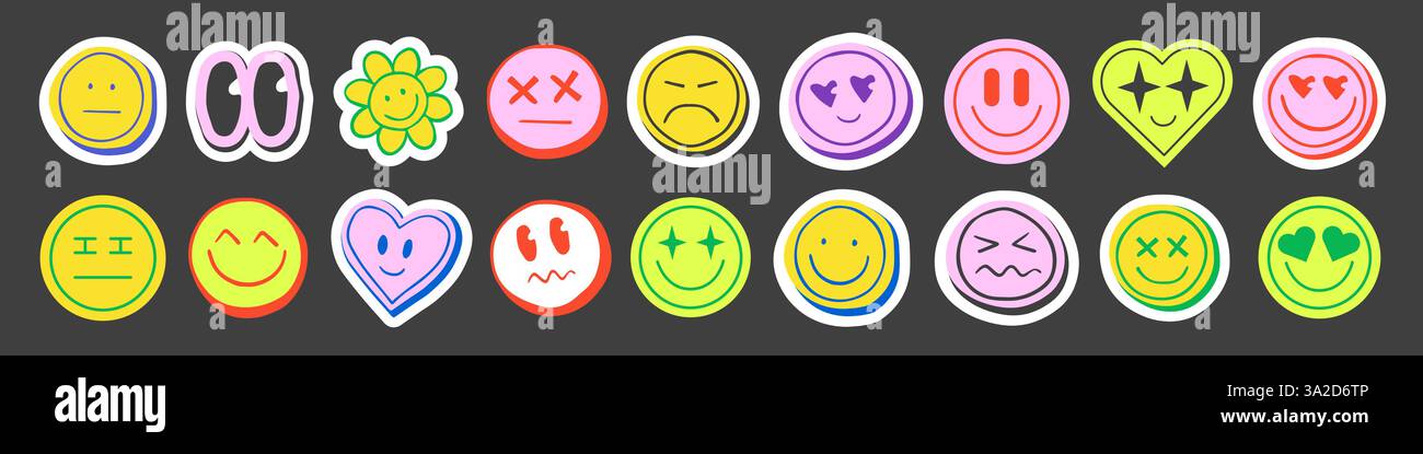 Groovy colorful expressive face emoticon stickers set with bright style ...