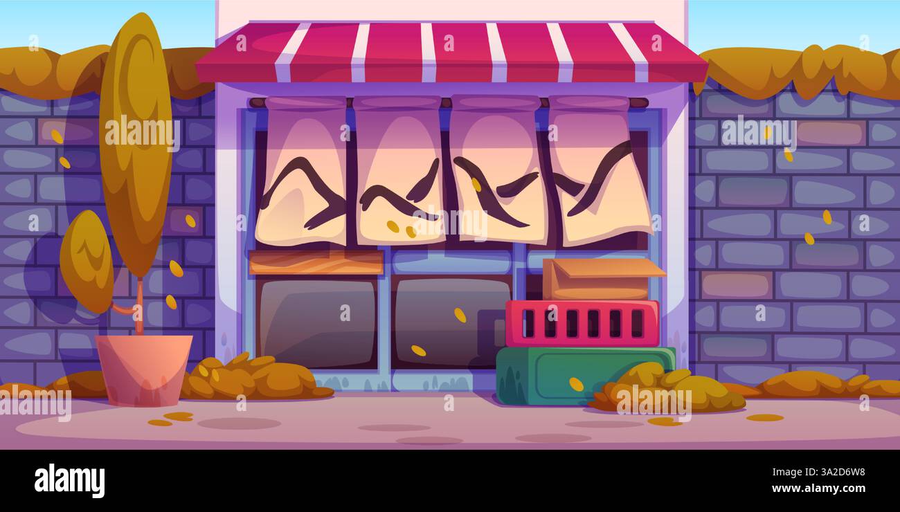 Japanese traditional curtained storefront with autumn decor - falling ...