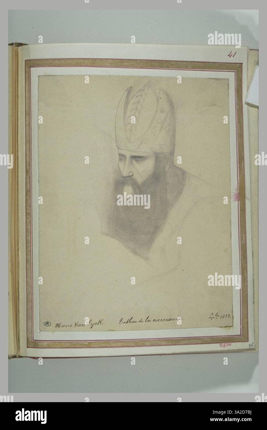 This artwork shows a male head adorned with a mitre, reflecting the ...