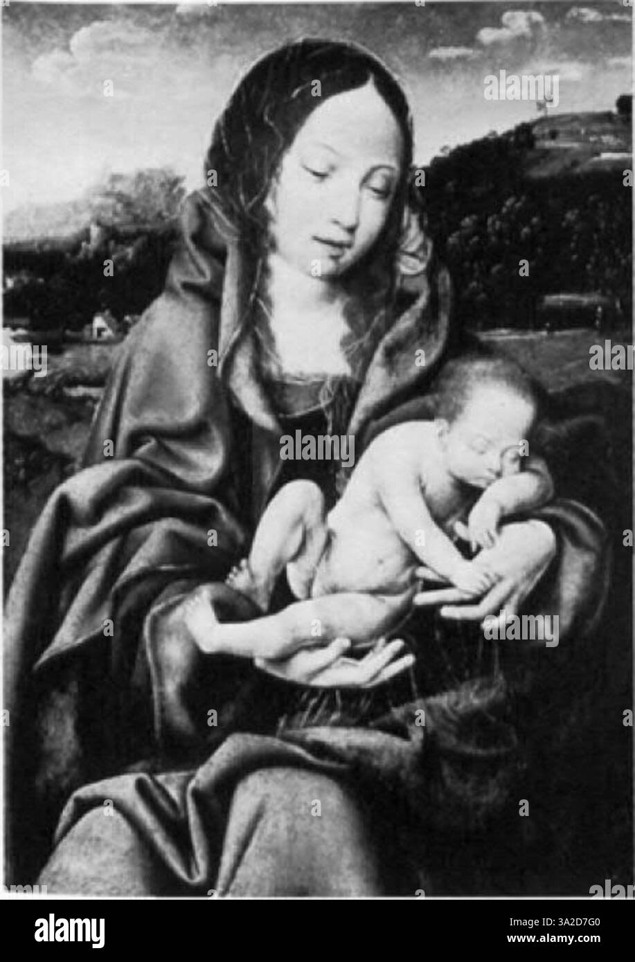 This oil on panel by Joos van Cleve, Jan Provost, and Joachim Patenier portrays the Virgin Mary ...