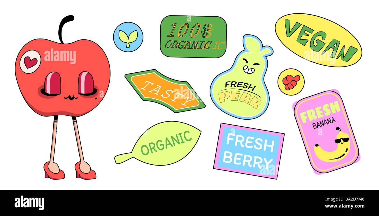 Cute retro fruit sticker set - smiling red apple character, various ...