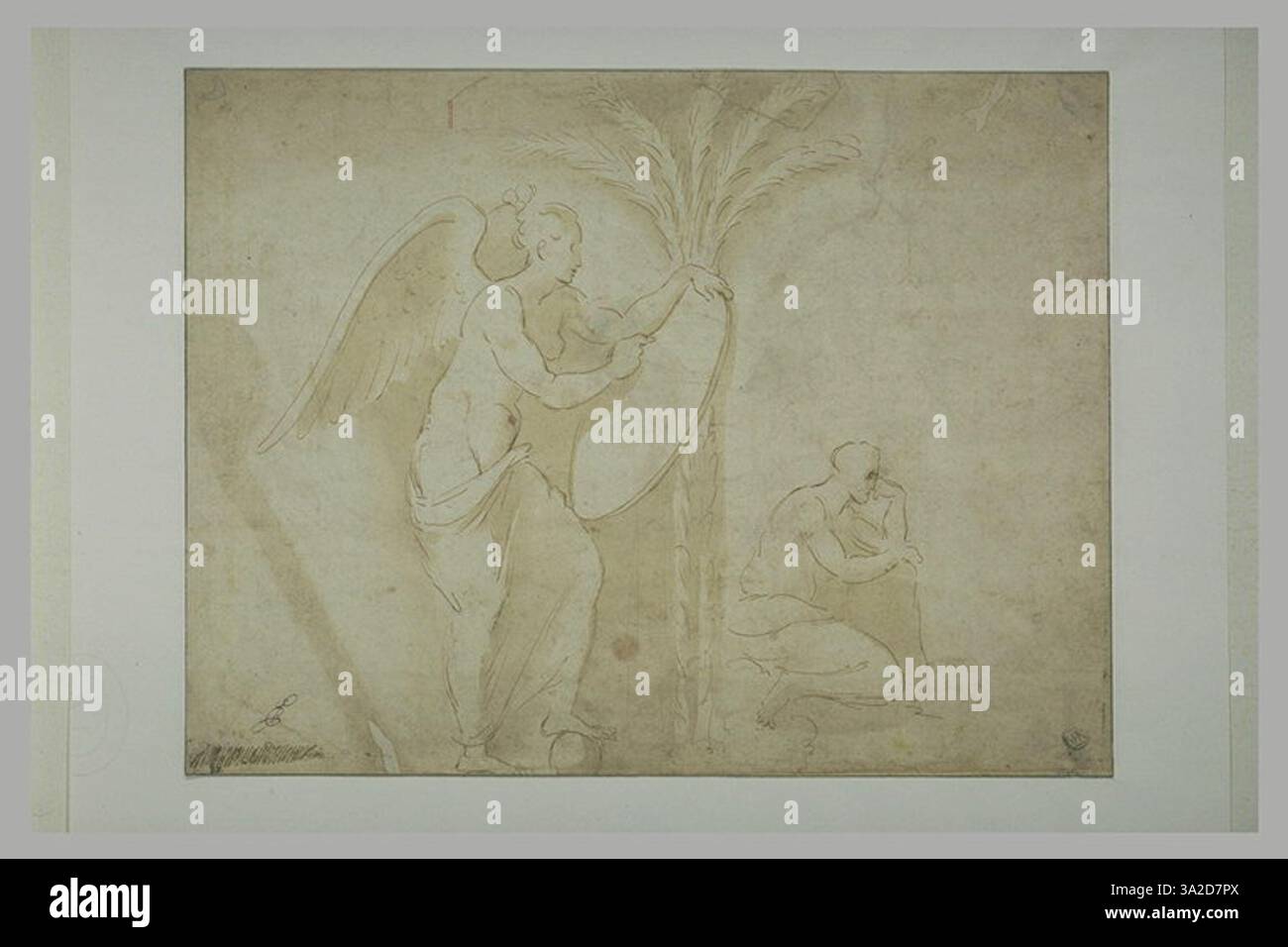 This drawing shows a winged woman writing with her left foot resting on ...