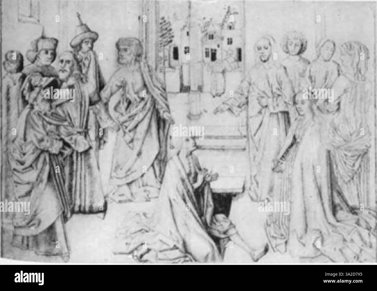 The artwork features figures engaged in a devotional moment, with a ...