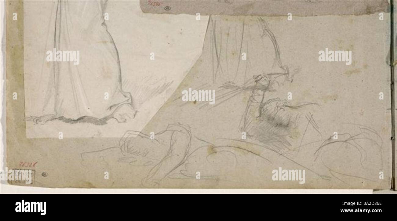 This work shows two figures lying on the ground and the lower body of a ...