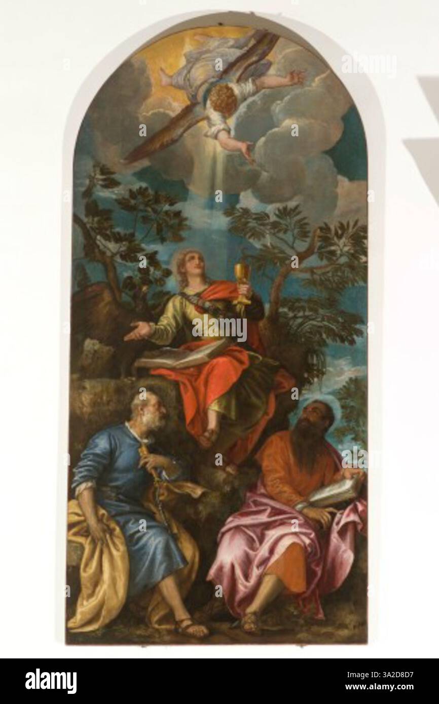 This artwork depicts Saint John the Evangelist alongside Saints Peter ...