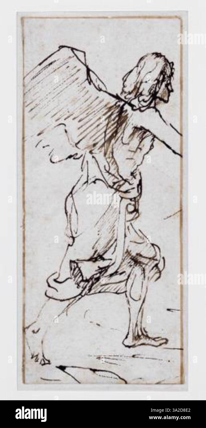 This artwork shows an angel walking to the right, with flowing robes ...