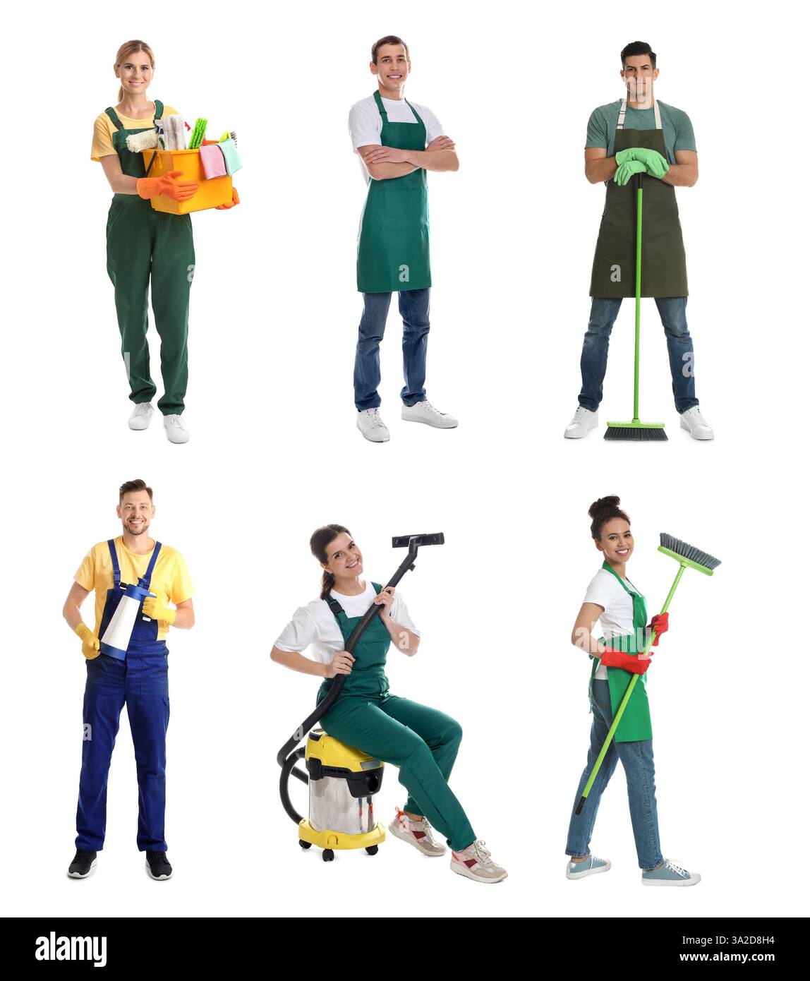 Cleaning service workers with supplies on white background, set Stock ...