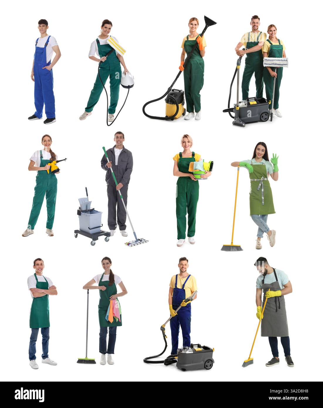 Cleaning service workers with supplies on white background, set Stock ...