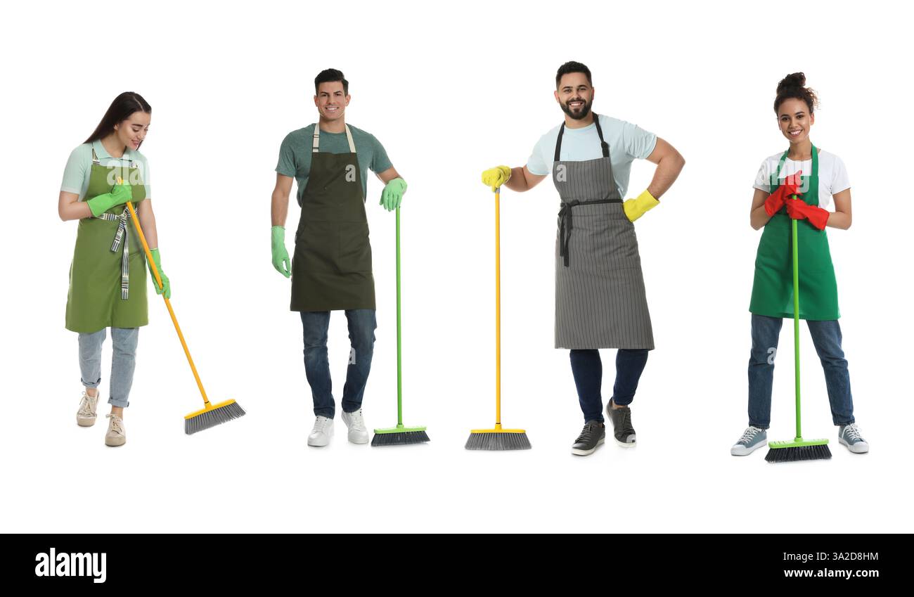 Cleaning service workers with supplies on white background, set Stock ...