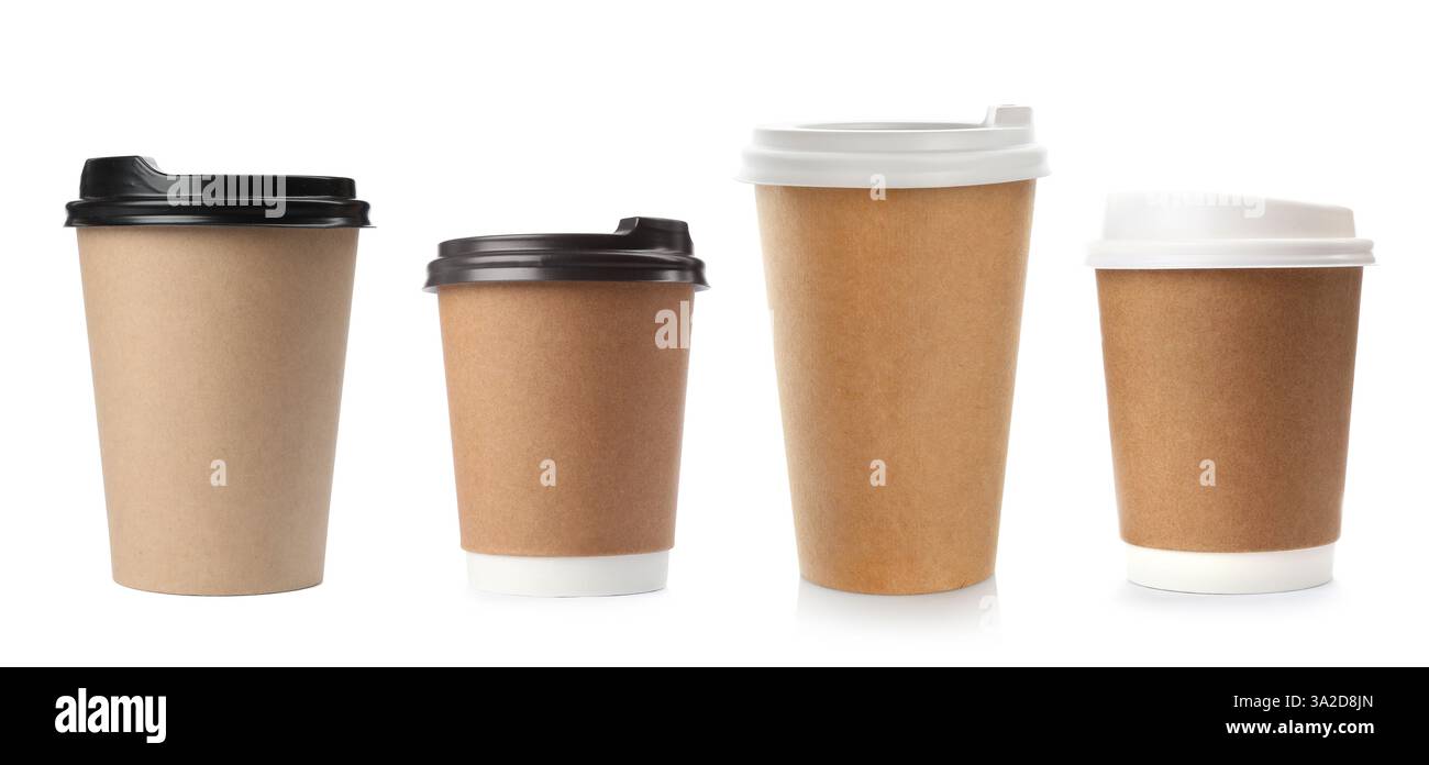 Different paper takeaway cups on white background, set Stock Photo - Alamy
