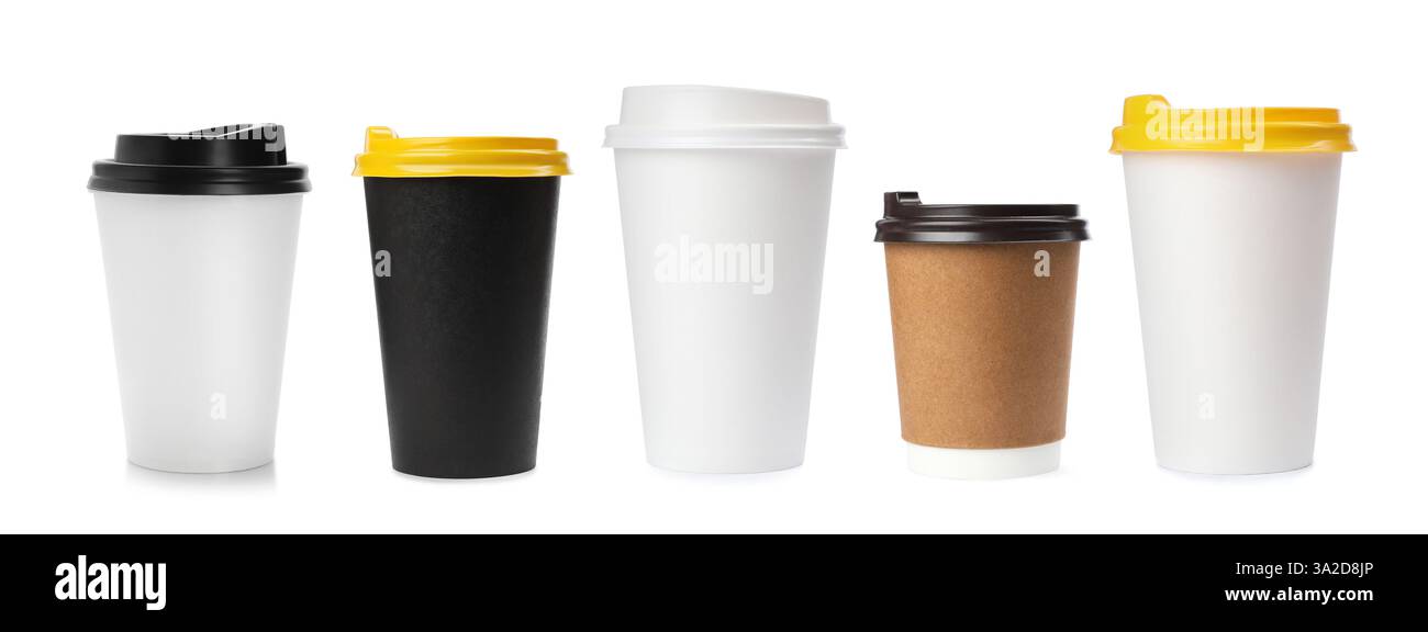 Different paper takeaway cups on white background, set Stock Photo - Alamy