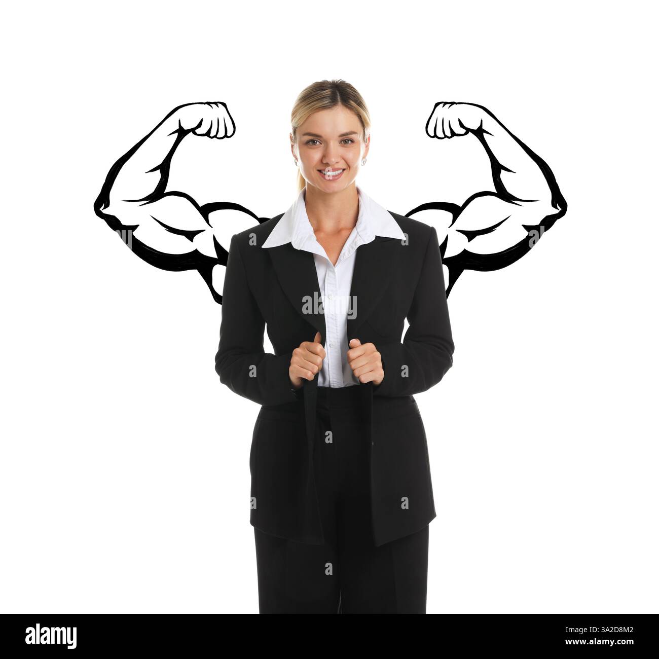 Confident business woman with drawing of strong arms behind her on ...