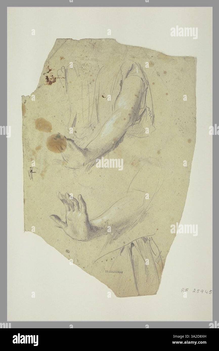 This drawing features two studies of arms with raised hands, focusing ...