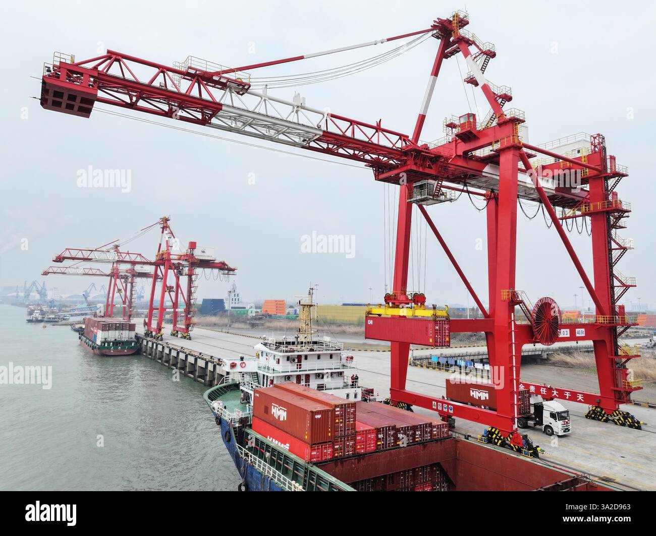 Aerial photo shows the busy container terminal at Yangzhou Port in ...