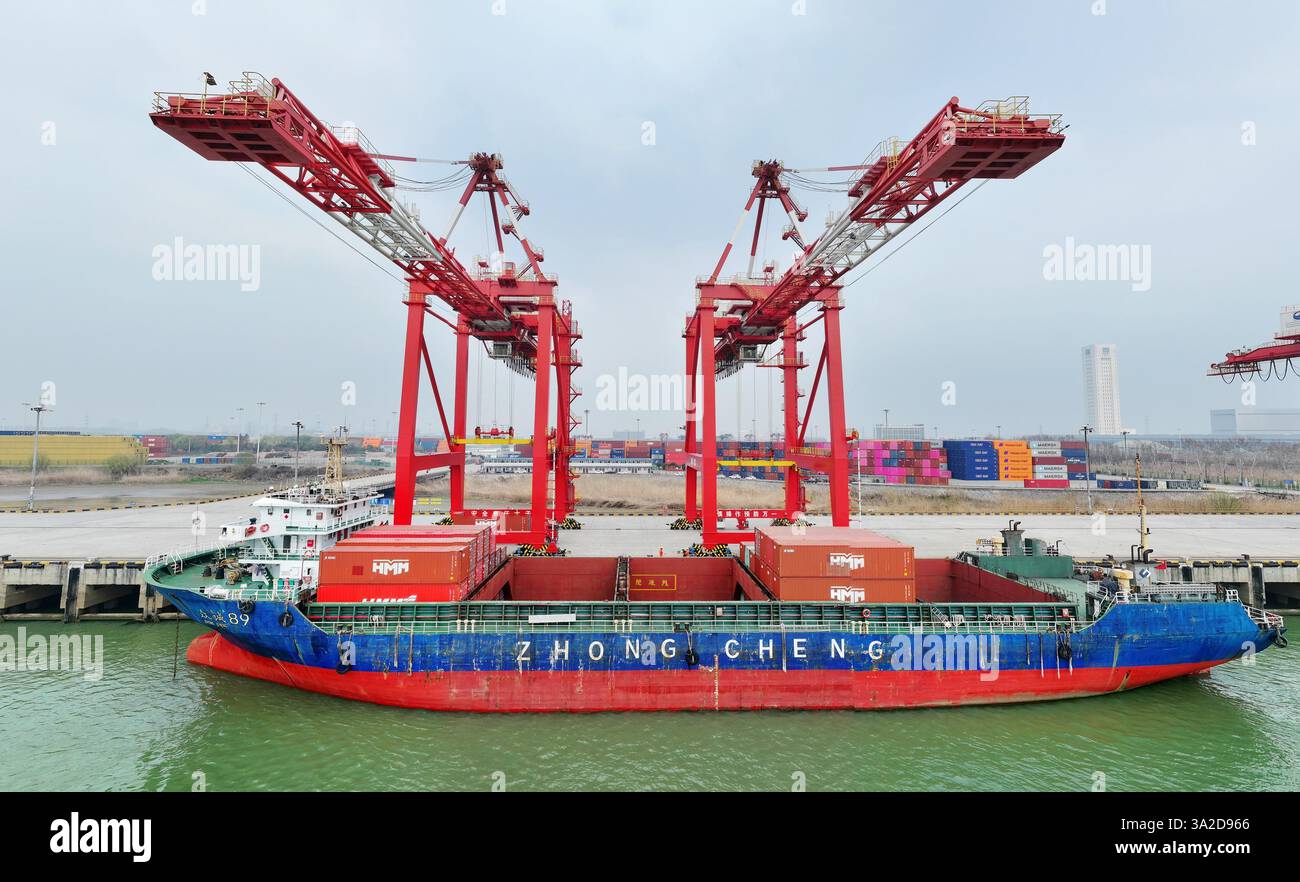 Aerial photo shows the busy container terminal at Yangzhou Port in ...