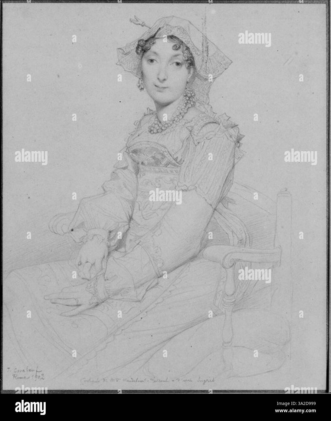 This is a 1902 interpretation by Coraboeuf of Ingres' 1814 portrait of ...