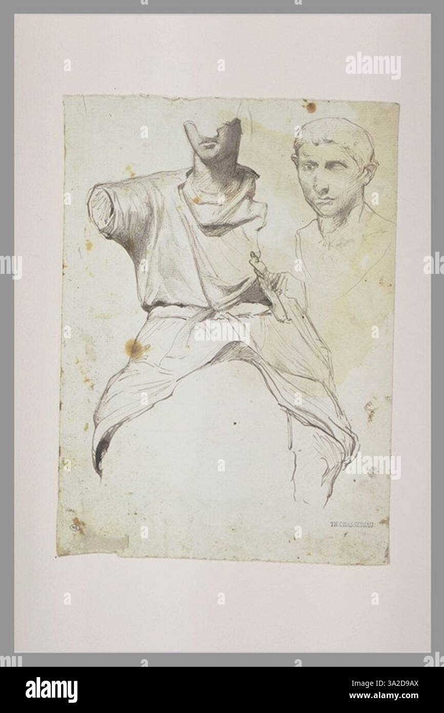 This drawing features the head of a male statue, emphasizing the ...