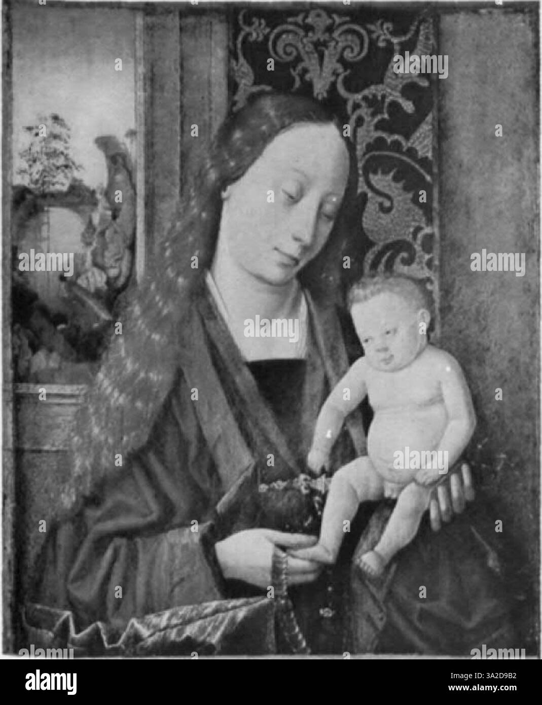 This painting depicts a devotional scene, with figures shown in prayer ...