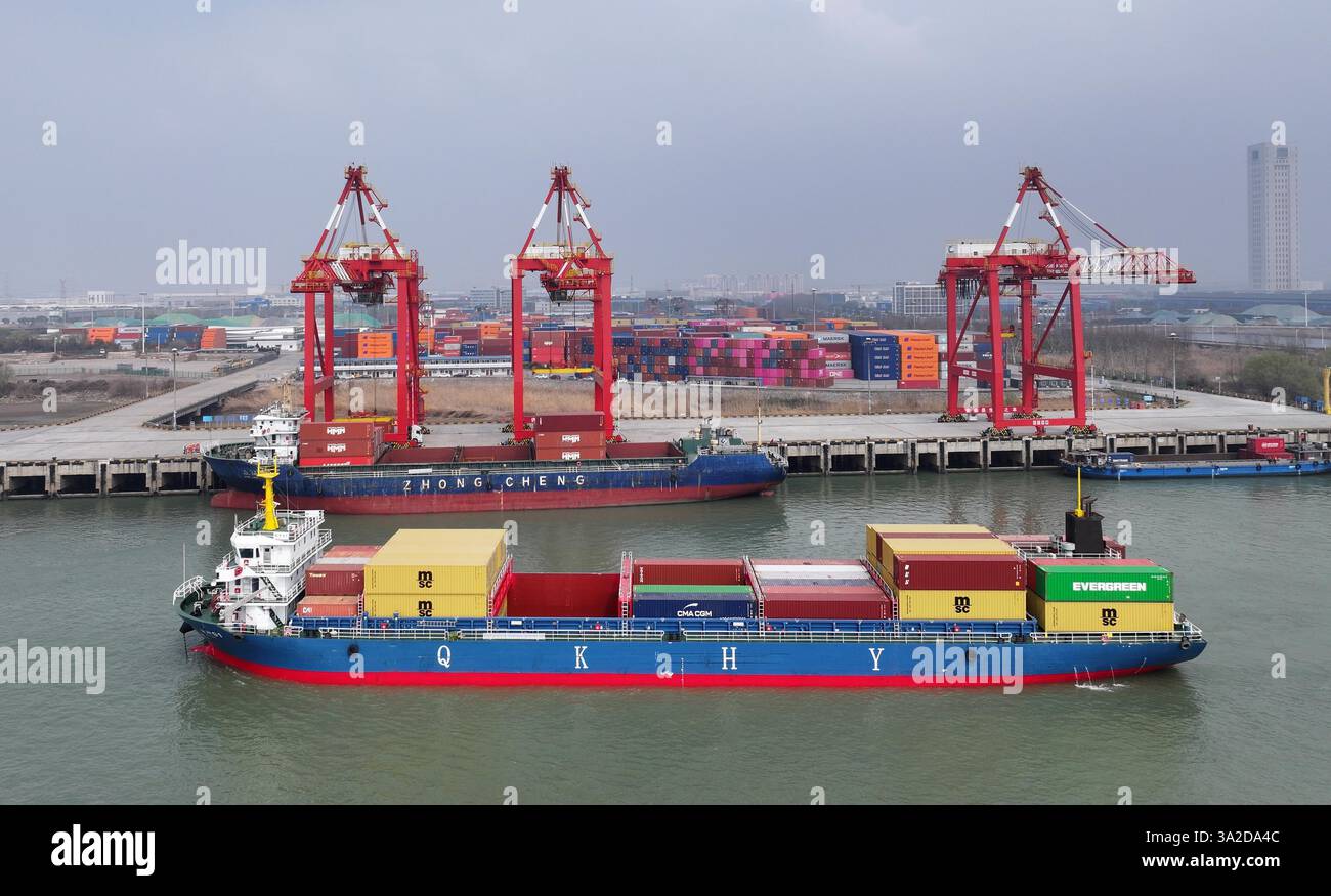 Aerial photo shows the busy container terminal at Yangzhou Port in ...