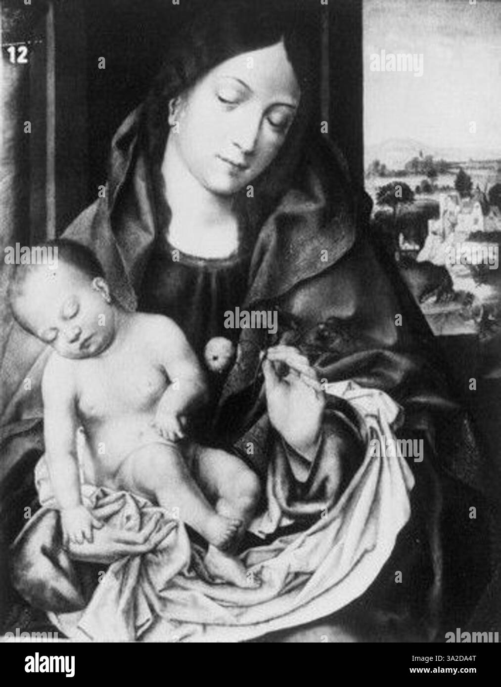 This 16th-century religious painting by Joos van Cleve portrays the Virgin Mary holding the ...