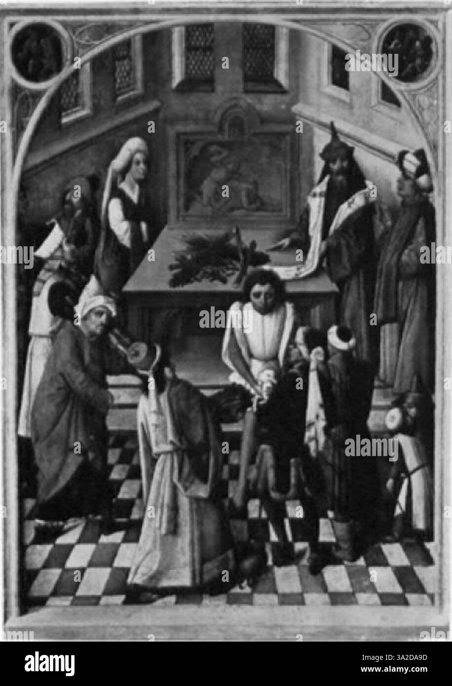 This artwork shows figures in a devotional gathering, with their ...