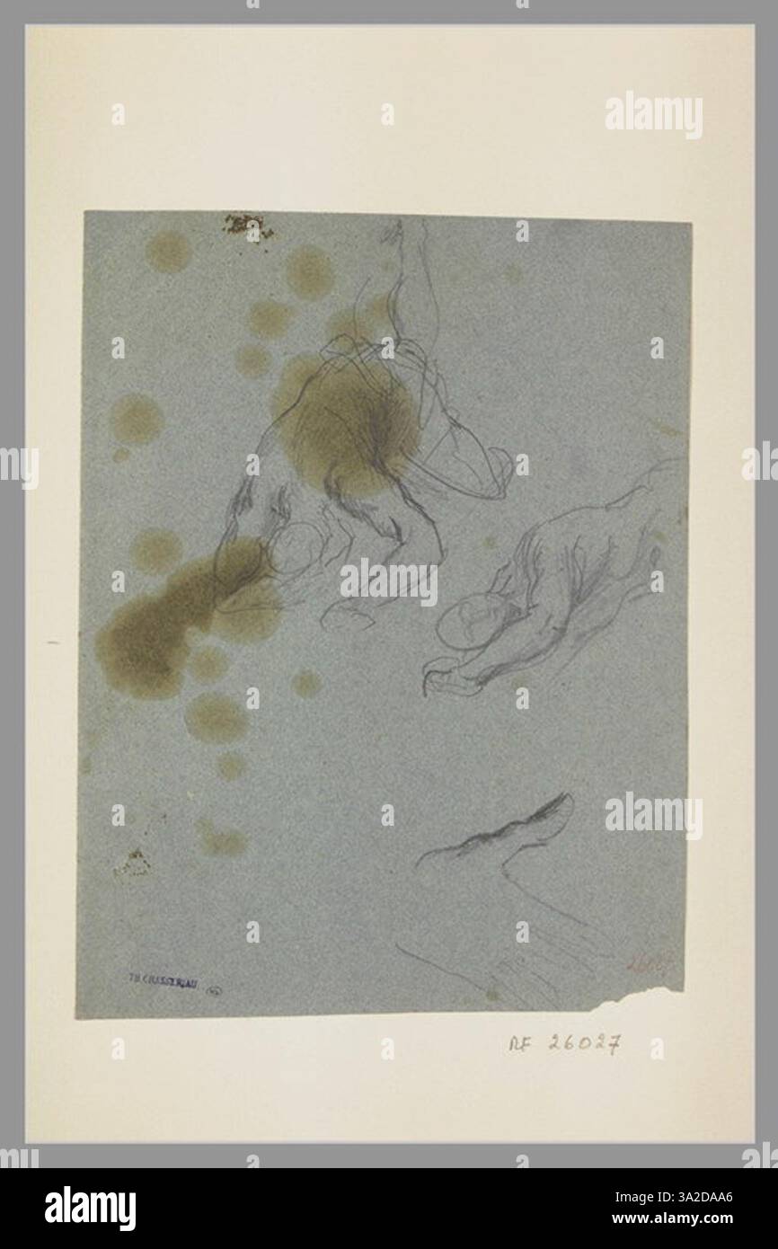 This drawing shows a male figure prostrate on the ground, with a focus ...