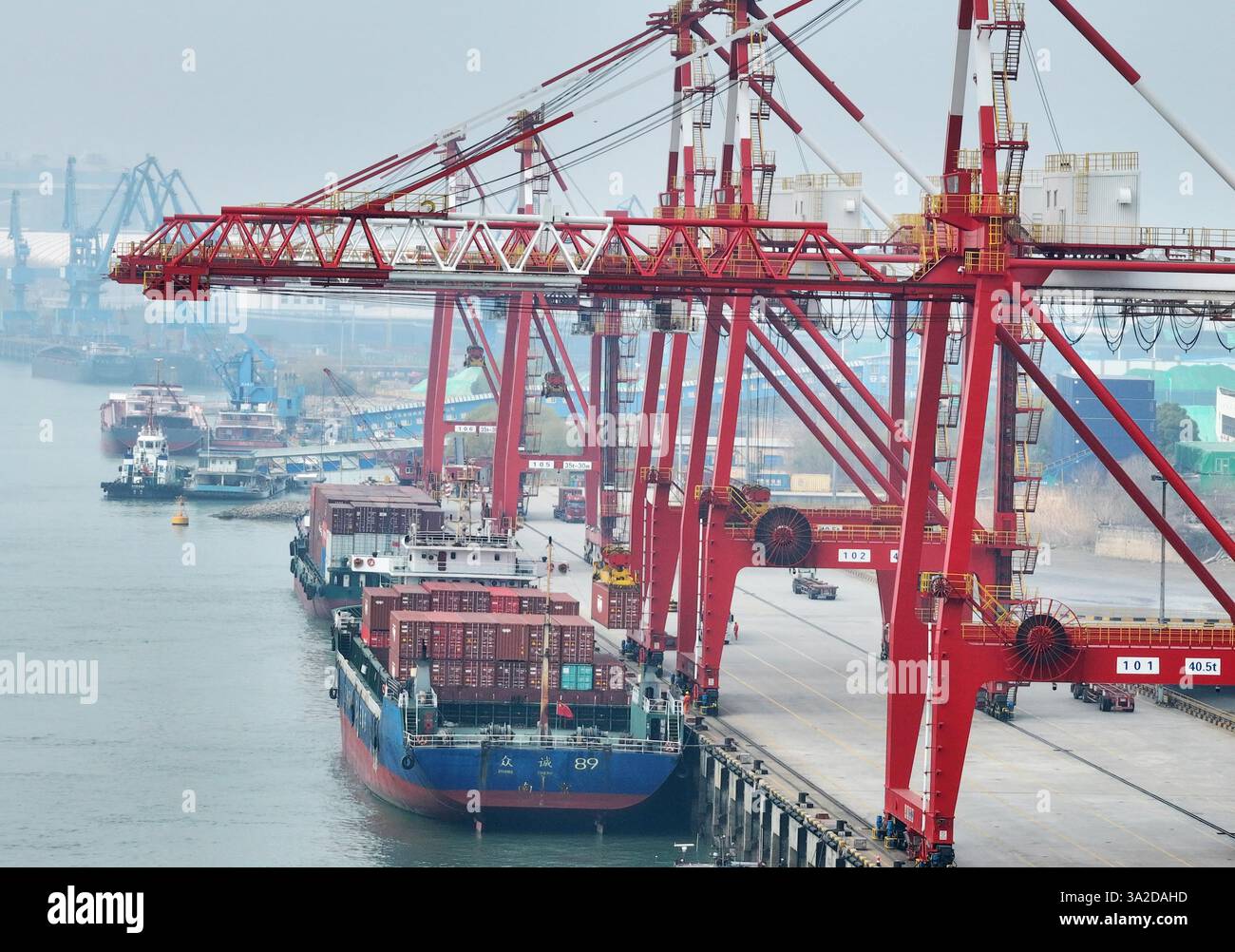 Aerial photo shows the busy container terminal at Yangzhou Port in ...
