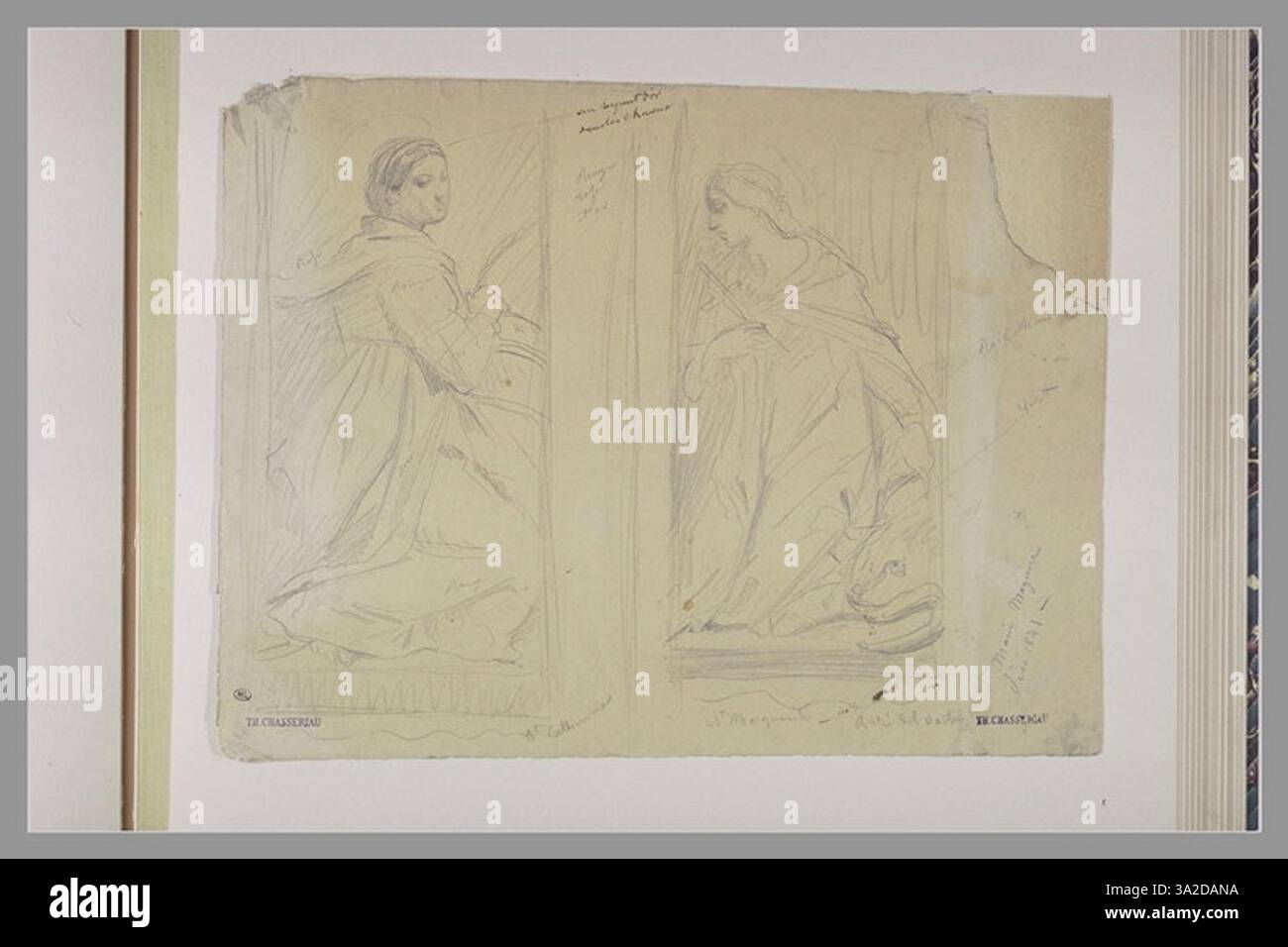 This drawing depicts two saints kneeling in framed compositions. The ...