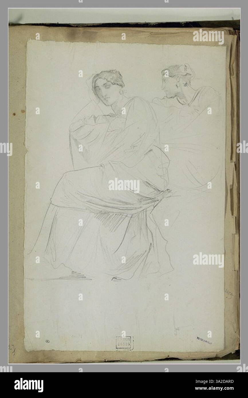 This artwork features two studies of a woman seated and turned to the right. Chassériau focuses ...