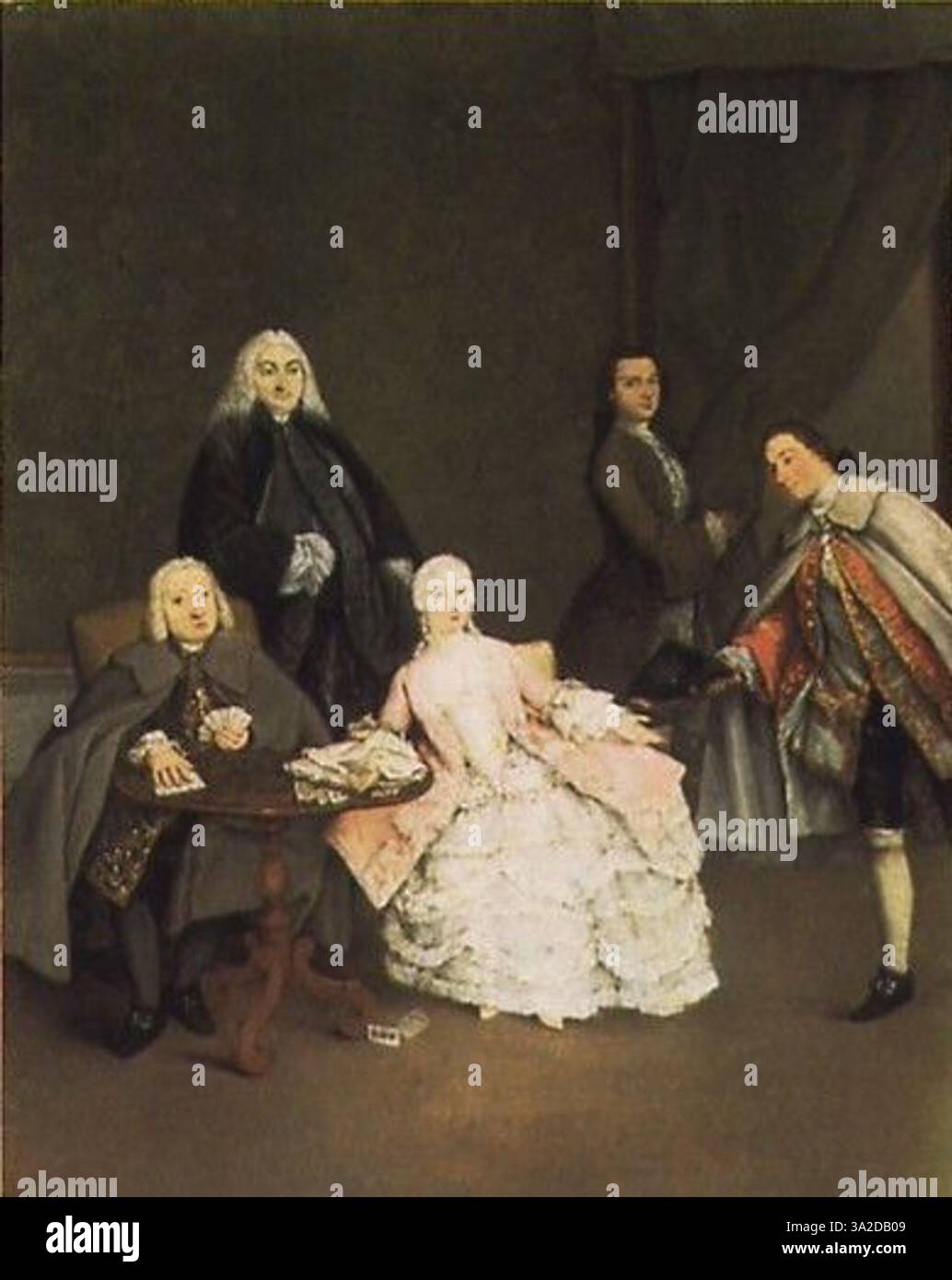 Pietro Longhi’s *Le jeu de cartes* (The Visit) depicts a group engaged ...