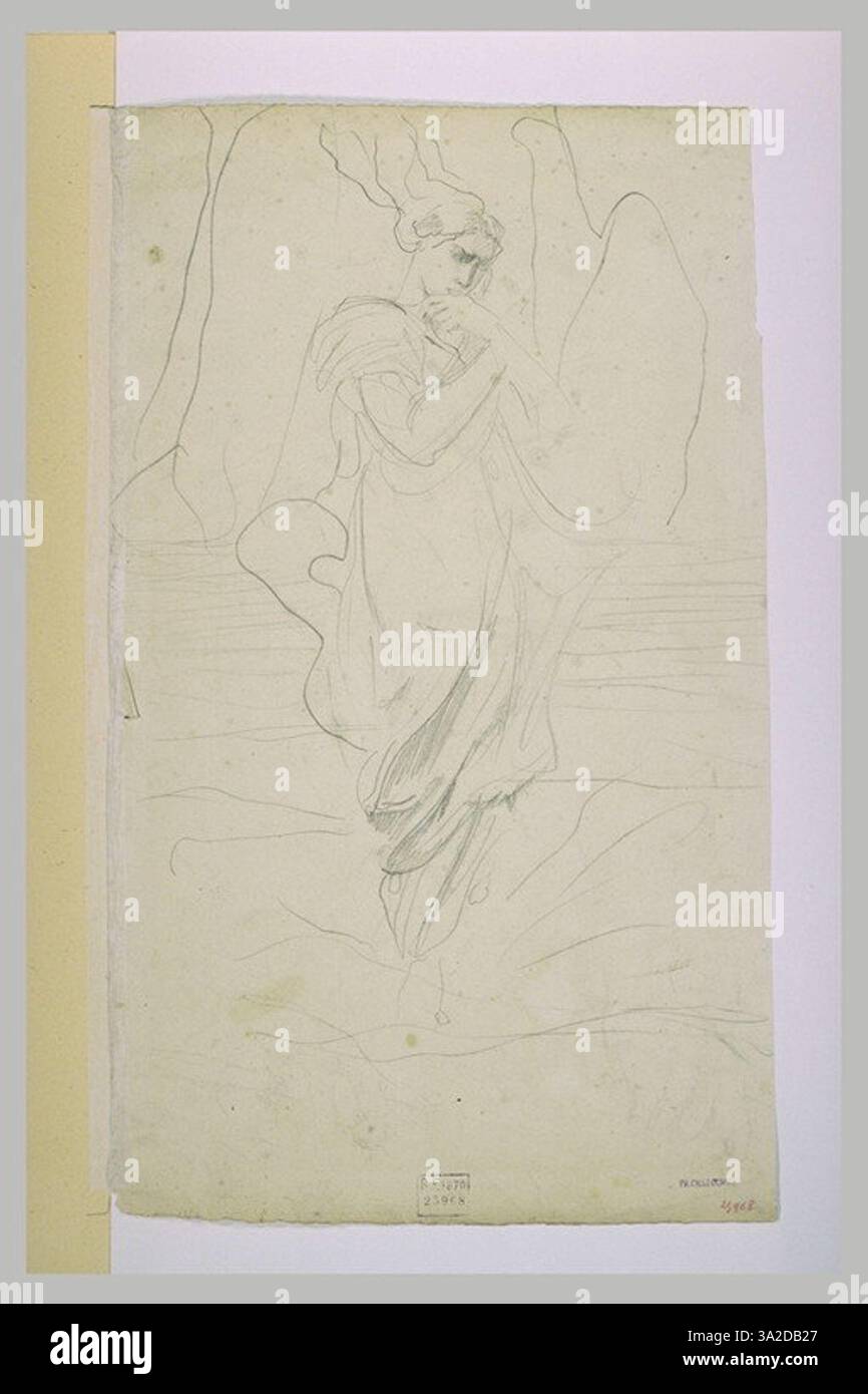 A standing woman in three-quarters view to the right, depicted as if ...