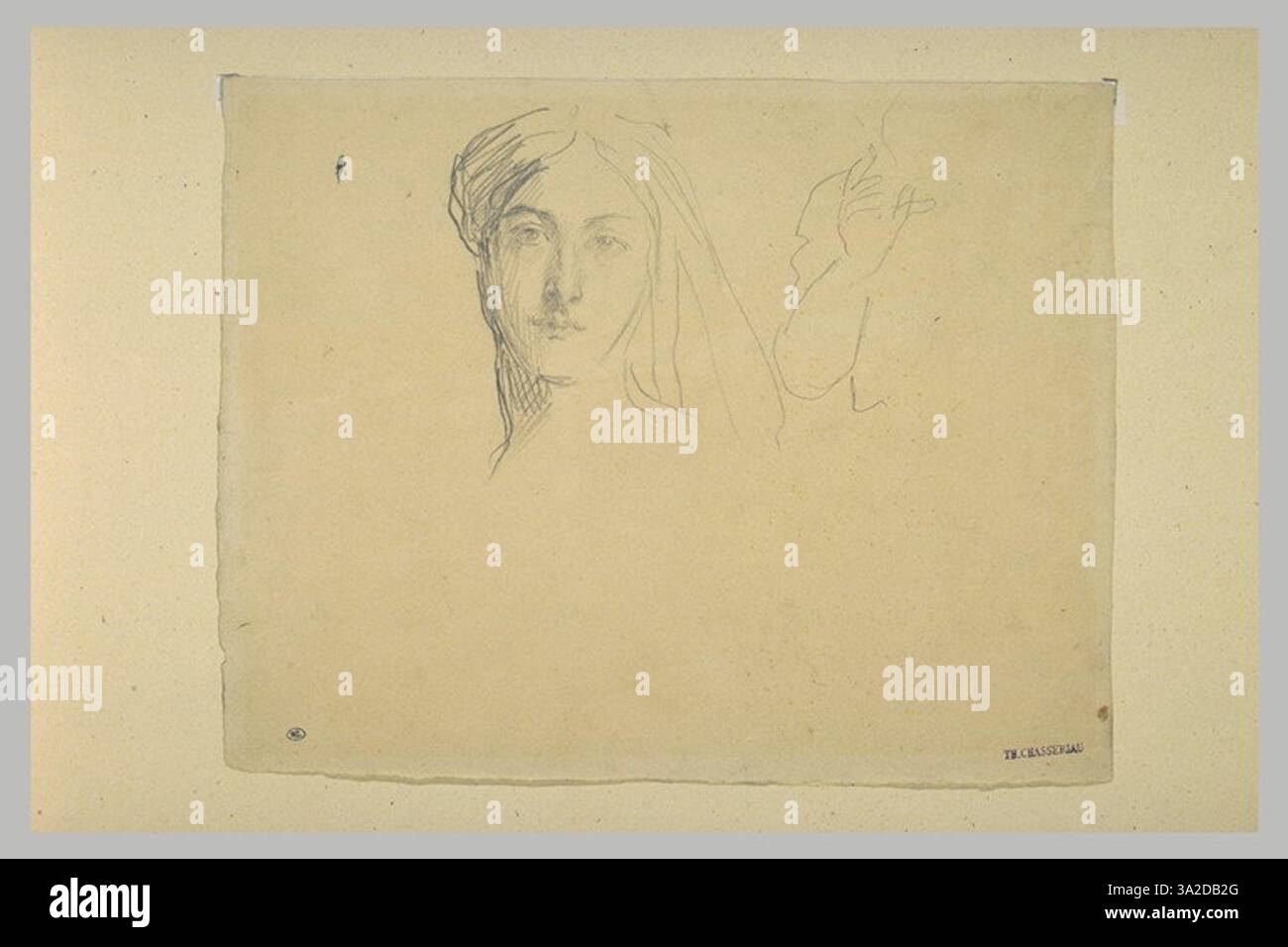 This study by Chassériau features a woman’s head in frontal view, with ...