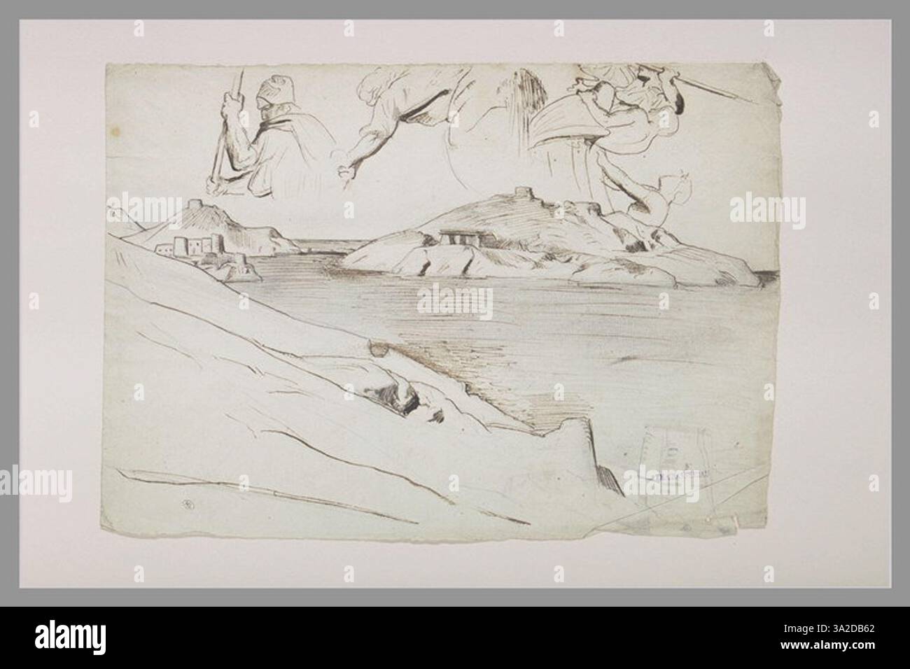This drawing depicts a gulf scene with boatmen. Chassériau captures the ...