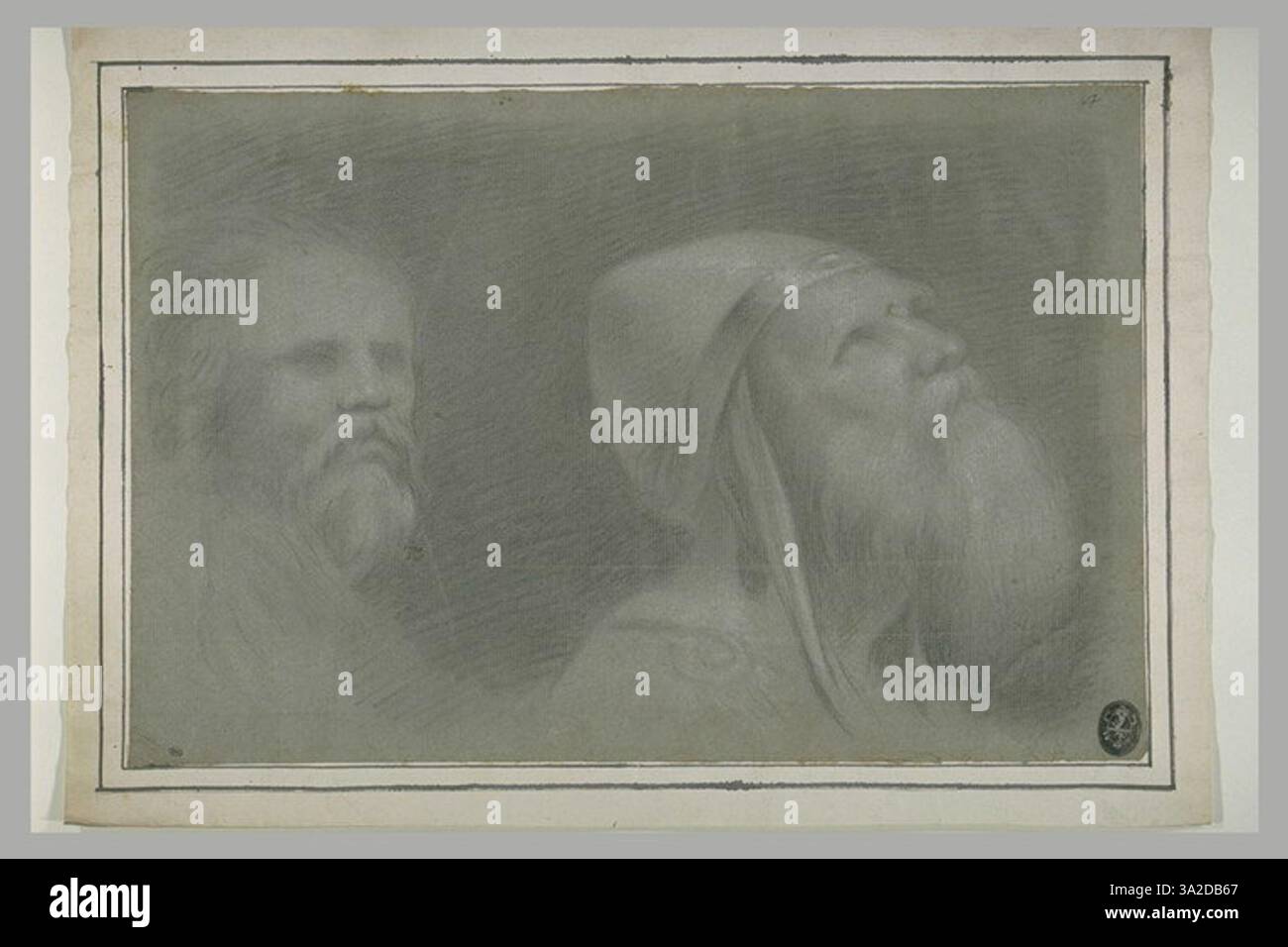 This drawing is a copy after Raphael, featuring two heads of men, identified as Onias and ...