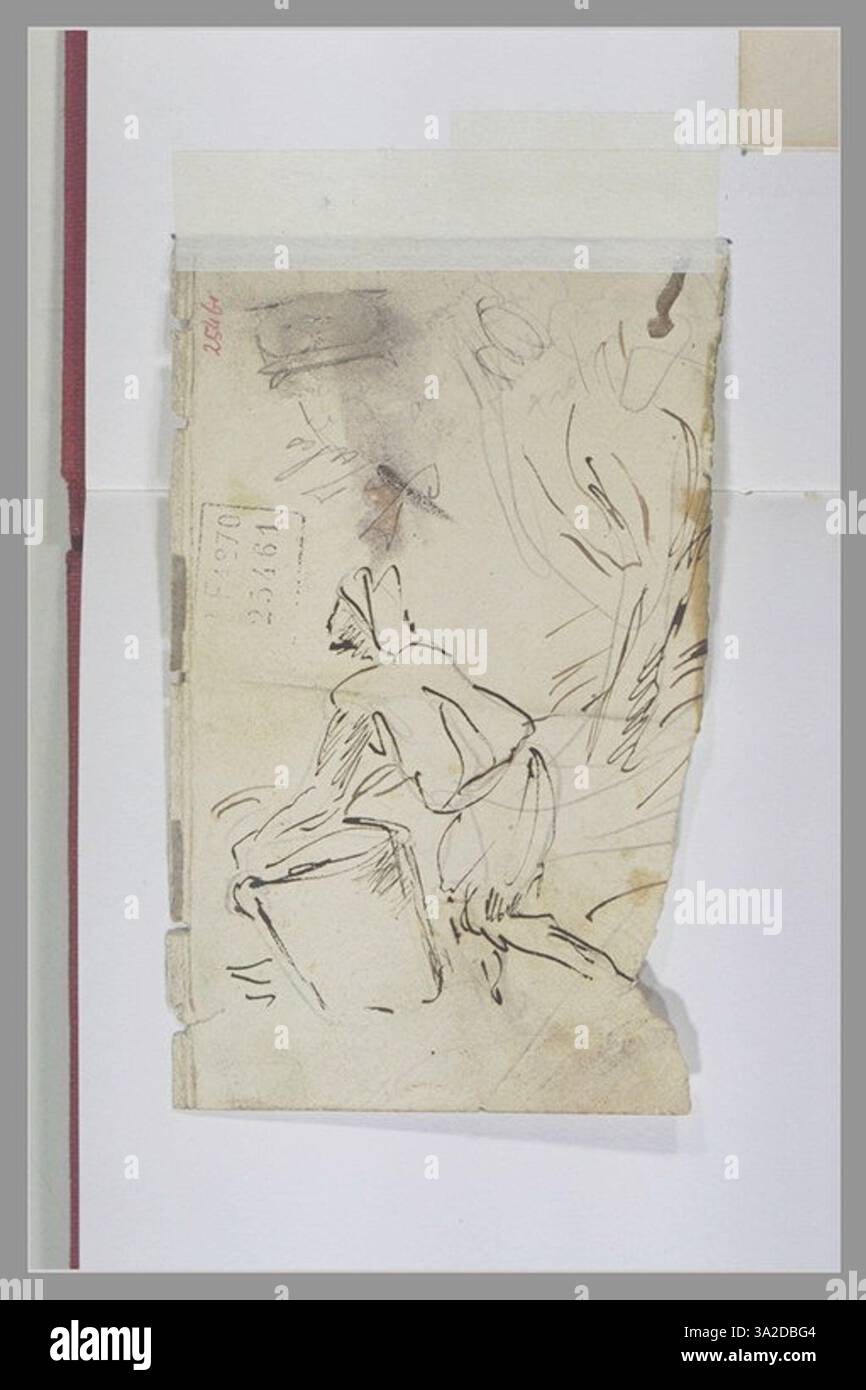 In this sketch, a male figure pushes a large basket in front of him ...