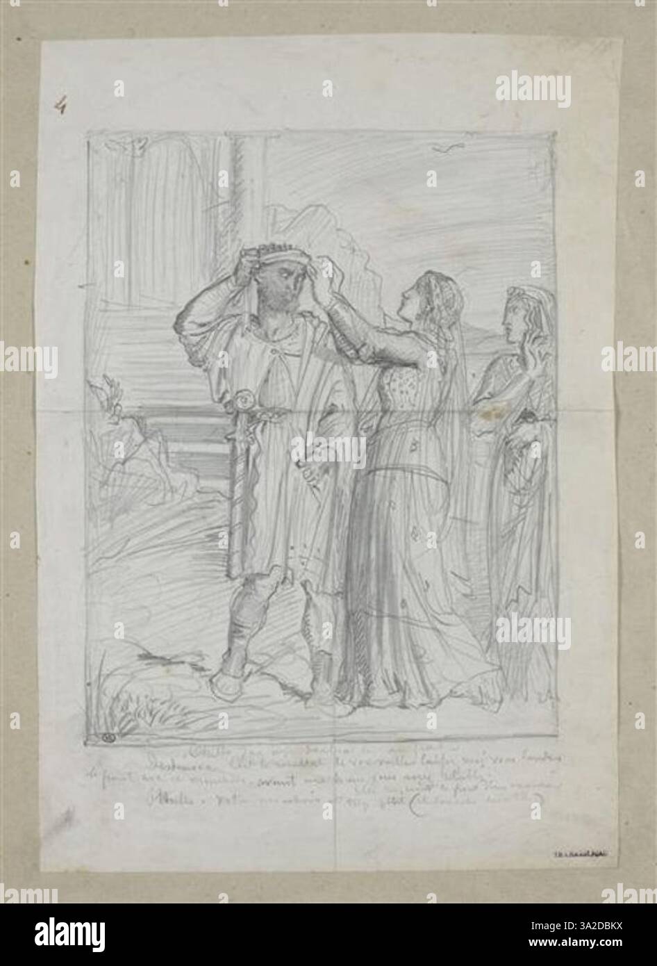 This drawing depicts Desdemona tying Othello’s headband in a tender ...