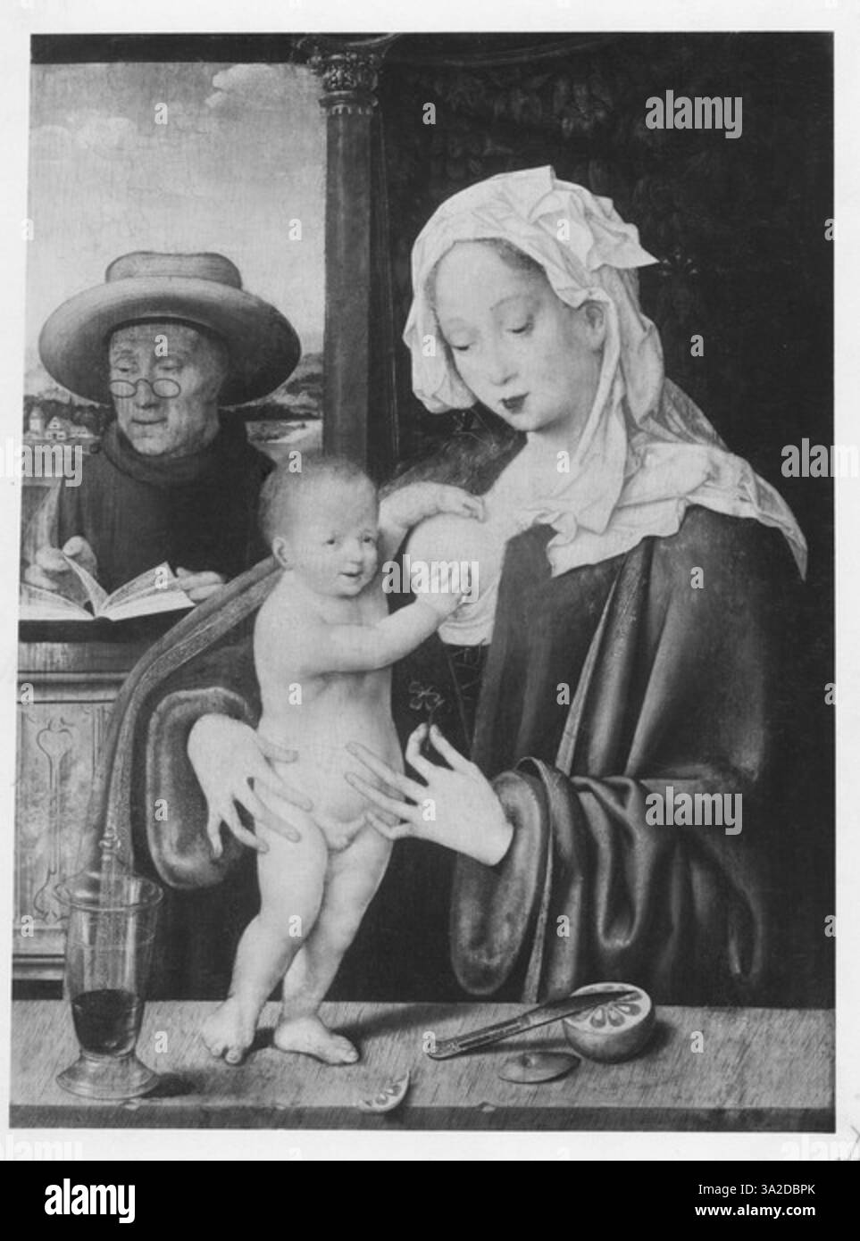 This painting, attributed to Joos van Cleve, shows the Holy Family—Mary, Joseph, and the Christ ...