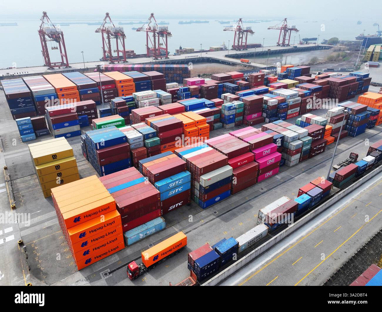Aerial photo shows the busy container terminal at Yangzhou Port in ...