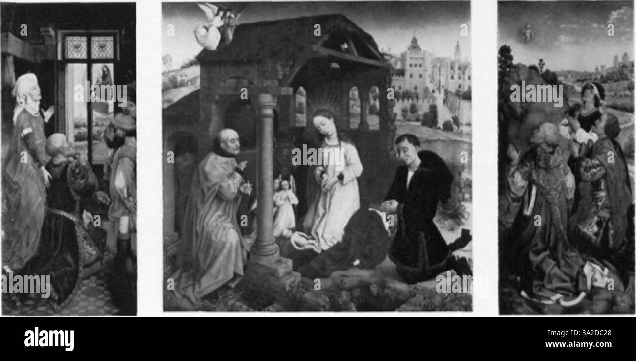 This artwork shows a detailed religious scene, featuring figures with ...