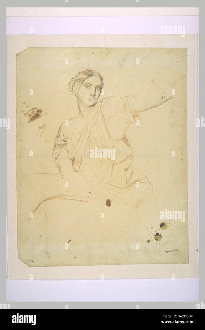 A seated woman facing forward, extending her left arm. The drawing ...