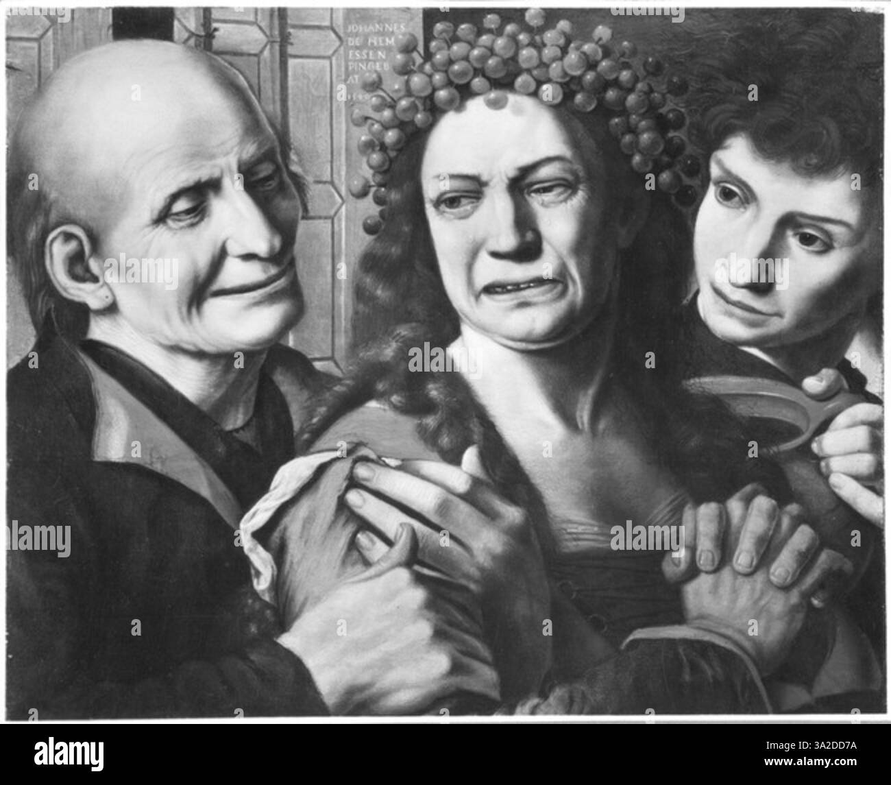 This painting after Jan van Hemessen features a grieving woman with a ...