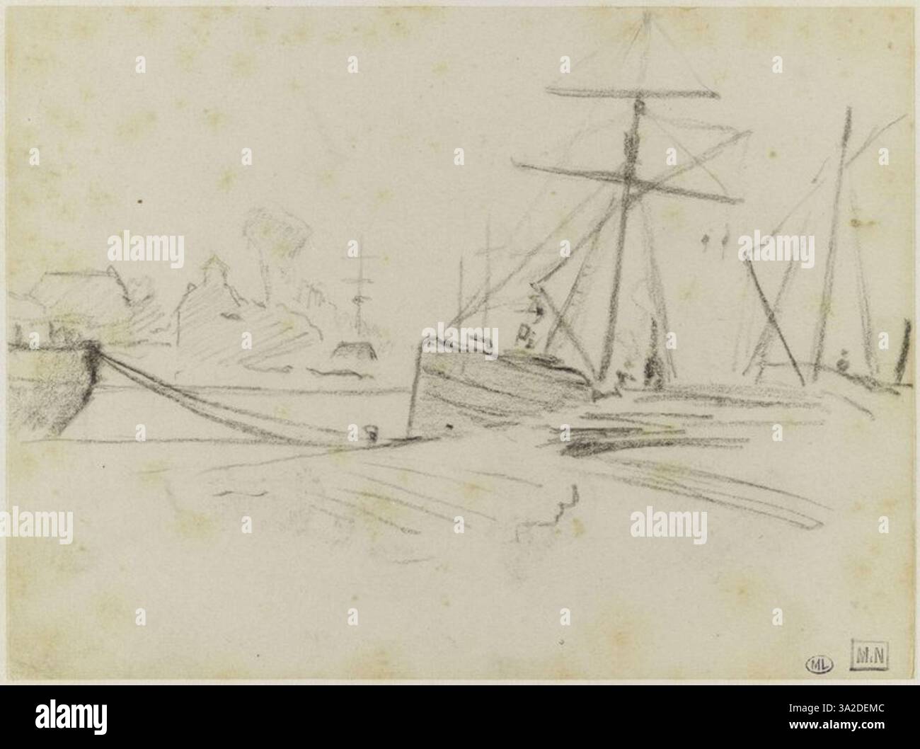 This sketch depicts a quay with moored boats, showing Gauguin’s ...