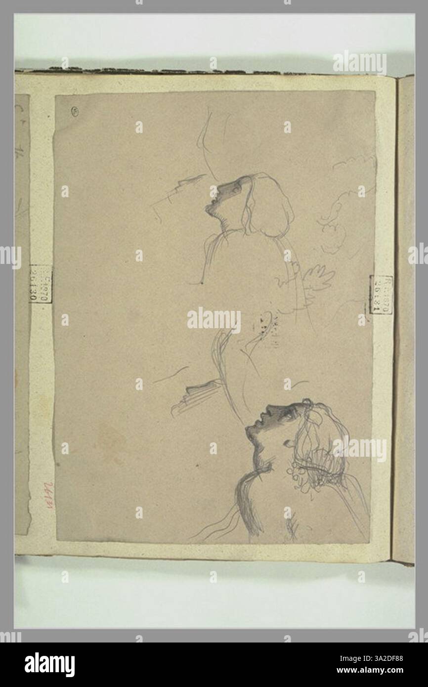 This drawing features two studies of a woman leaning forward, focusing ...