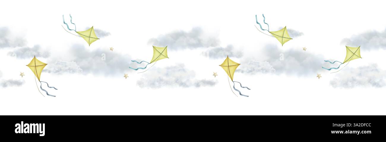 A yellow kite with a blue ribbon flies in fluffy clouds on a seamless ...