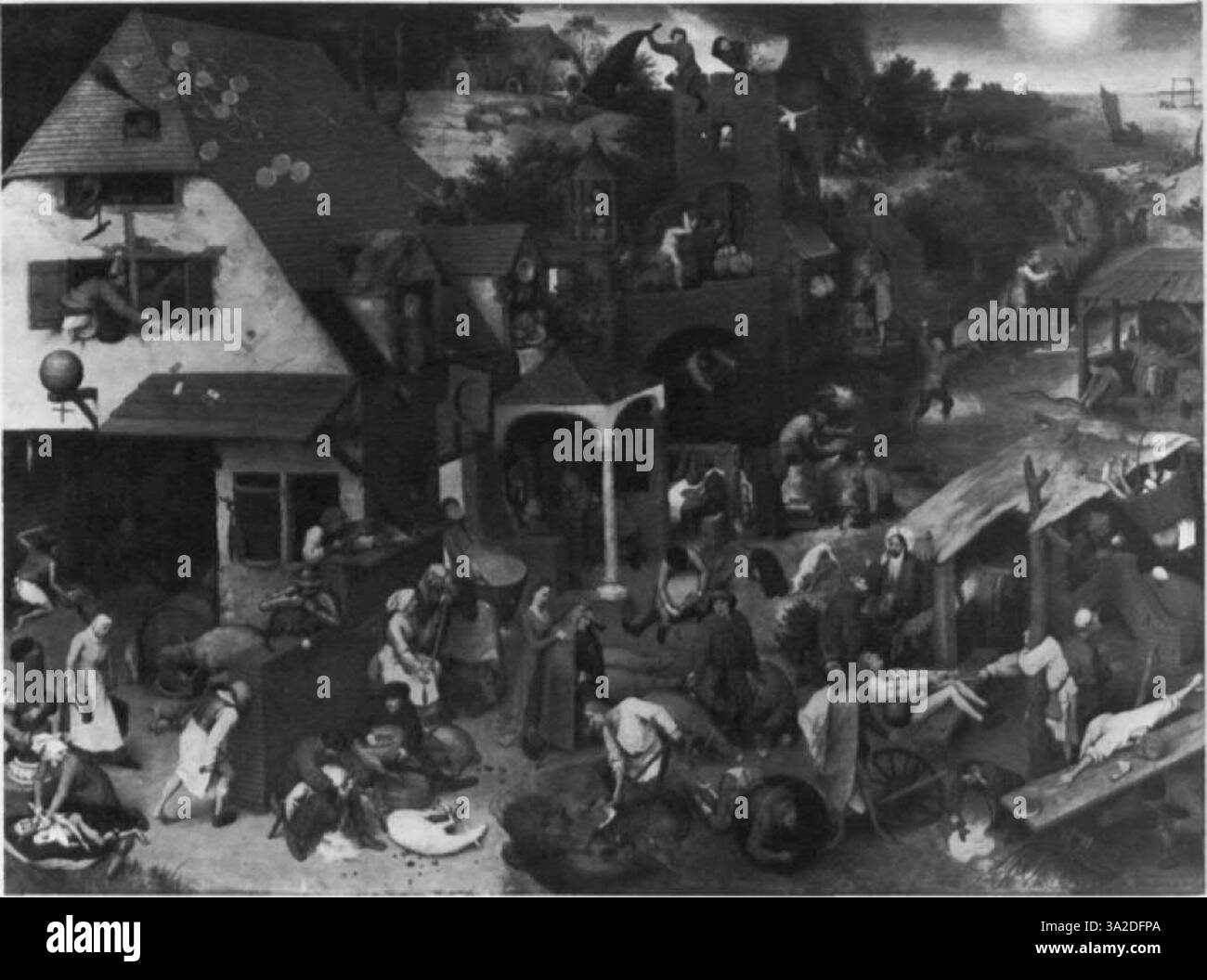 This artwork portrays a lively and busy rural scene with peasants ...